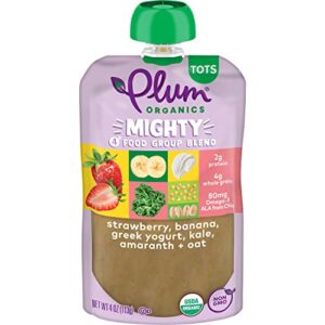 plum organics mighty 4 organic toddler food - strawberry, banana, greek yogurt, kale, amaranth, and oat - 4 oz pouch - organic fruit and vegetable toddler food pouch