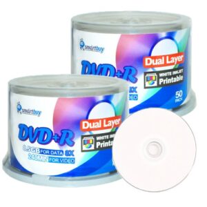 smartbuy 100-disc 8.5gb/240min 8x dvd+r dl dual layer double layer white inkjet hub printable blank data recordable media disc spindle