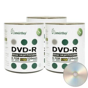 smartbuy 300-disc 4.7gb/120min 16x dvd-r silver inkjet hub printable blank recordable media disc