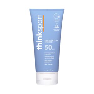 thinksport spf 50+ mineral sunscreen – safe, natural sunblock for sports & active use - water resistant sun cream –uva/uvb sun protection – vegan, reef friendly lotion, 6oz