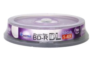 smartbuy 20-disc 50gb 6x blu-ray bd-r dl dual layer double layer logo top surface blank data video recordable media disc with cakebox/spindle packing