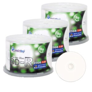 smartbuy 150 pack bd-r 25gb 6x blu-ray single layer recordable disc printable white inkjet blank data video media 150 disc spindle