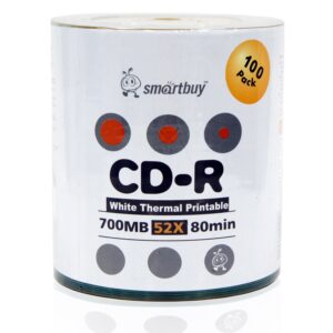 smart buy cd-r 100 pack 700mb 52x thermal printable white blank recordable discs, 100 disc, 100pk