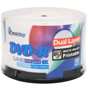 smart buy 50 pack dvd+r dl 8.5gb 8x dvd plus r double layer printable white inkjet blank data recordable media 50 discs spindle