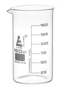 eisco beaker, 150ml - tall form with spout - white, 25ml graduations - borosilicate 3.3 glass