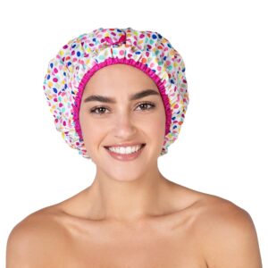 reusable shower cap & bath cap & lined, oversized waterproof shower caps large designed for all hair lengths with peva lining & elastic band stretch hem hair hat - fashionista deco dots