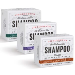 j·r·liggett's all-natural shampoo bars -tea tree & hemp oil, jojoba & peppermint and coconut & argan oil, nourishes follicles with antioxidants and vitamins, sulfate-free, set of three, 3.5 ounce bars