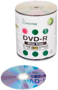 smart buy 100 pack dvd-r 4.7gb 16x shiny silver blank data video movie recordable media disc, 100 disc 100pk