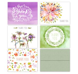 floral watercolor thank you cards (10 premium thank you cards with sage green envelopes) - 5 unique designs - assorted all-occasion note card bulk set - made in the usa by palmer street press