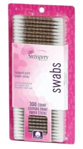 swisspers premium leopard paper swabs – 300 count (pack of 1) – fun and stylish cotton swabs with leopard print design – 100% cotton tips for beauty and personal care