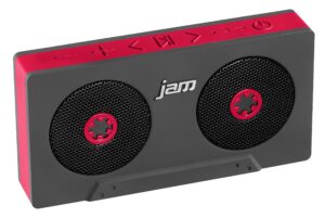 jam rewind wireless bluetooth speaker, portable, dynamic sound, rechargeable battery, retro design, built-in speakerphone, works with iphone, android, tablets, cassette design, hx-p540rd red