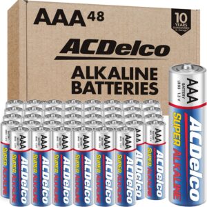 acdelco 48-count aaa batteries, maximum power super alkaline battery, 10-year shelf life, reclosable packaging