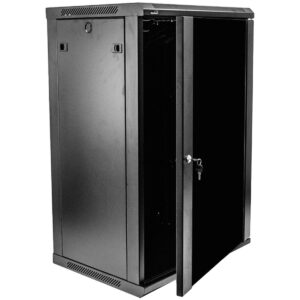 navepoint 18u server rack enclosure - 17.7” deep, 18u wall mount network cabinet with locking glass door for 19” it equipment, 18u network rack with 2 fans, removable side panels, black