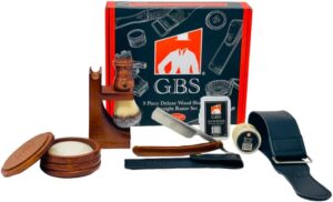 g.b.s complete professional wet shave kit shaving set- shave box includes 5/8" inch carbon steel straight razor with wooden handle, synthetic hair shave brush, wood shave soap bowl