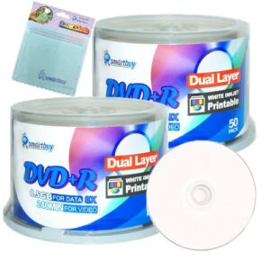 smartbuy 100-disc 8.5gb/240min 8x dvd+r dl white inkjet hub printable blank media disc + free micro fiber cloth