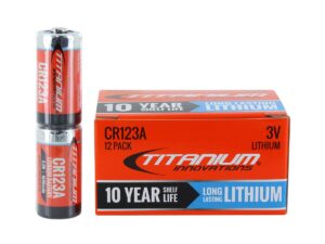 titanium innovations cr123a 3v lithium battery tactical configuration - box of 12, shrink wrapped in pairs