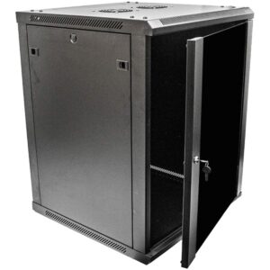 navepoint 15u server rack enclosure - 23.6” deep, 15u wall mount network cabinet with locking glass door for 19” it equipment, 15u network rack with 2 fans, removable side panels, black