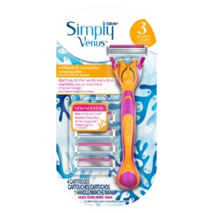 gillette simply venus refillable 3 blade razor with 4 cartridges refills - pivoting head & moisture strip, womens razors / blades