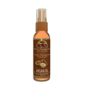 okay moisturizing mist hair spray with argan oil - hydrating hair oil mist with vitamin e, restores damaged strands, provides shining luster, nourishes dry hair, cruelty free - 2 oz