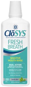 closys sensitive mouthwash, 32 ounce, gentle mint, alcohol free, dye free, ph balanced, helps soothe mouth sensitivity, fights bad breath