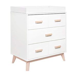 babyletto scoot 3-drawer changer dresser with removable changing tray in white and washed natural, greenguard gold certified