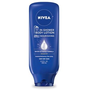 nivea nourishing in shower lotion, body lotion for dry skin, 13.5 fl oz bottle