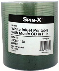 100 spin-x 12x digital audio music cd-r 80min 700mb white inkjet