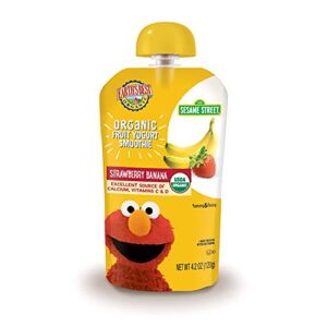 earth's best organic kids snacks, sesame street toddler snacks, organic fruit yogurt smoothie for toddlers 2 years and older, strawberry banana, 4.2 oz resealable pouch