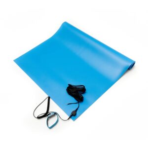 bertech esd anti-static table mat kit, 18 in. x 30 in., blue, includes an esd wrist strap and esd grounding cord, made in usa