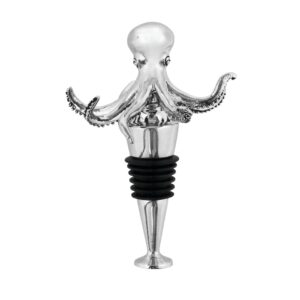 twine octopus wine bottle stopper, keep wine fresh, fits standard bottles, metal, rubber seal, silver, set of 1