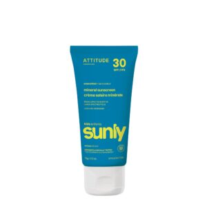 attitude mineral sunscreen for baby and kids, ewg verified, broad spectrum uva/uvb, dermatologically tested, plant and mineral-based formula, vegan, spf 30, unscented, 2.6 oz