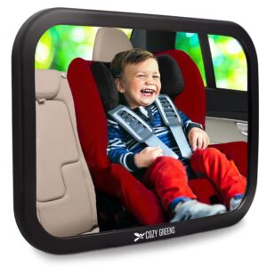 shatterproof baby car mirror, fully view infant in rear facing car seat - newborn safety, crash tested & extra wide, crystal clear, 100% lifetime satisfaction guarantee, easy install by cozy greens