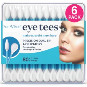 fran wilson eye tees cotton tips 80 count (6 pack) - precision makeup applicator, double-sided swabs with pointed and rounded ends for perfect blending, effective cleaning and precise touch-ups