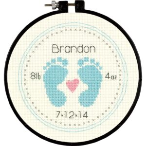 dimensions counted cross stitch kit for beginners, 'baby footprints' birth record personalized baby gift, 14 count ivory aida with 6'' embroidery hoop