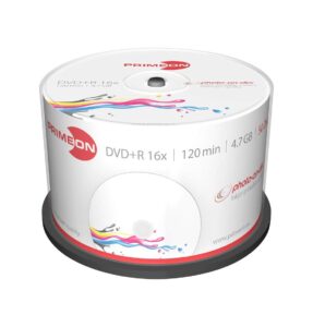 primeon dvd+r 4.7gb/120min/16x cake box, photo-on-disc, inkjet full size printable surface (50 disc), white, 2761226