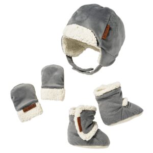 jj cole graphite gray winter baby hat, mittens, booties set - infant to 6 months, sherpa lined, adjustable - unisex babies essentials