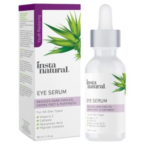 instanatural eye serum, brightens, minimizes the appearance of fine lines, eye puffiness and dark circles, with vitamin c, caffeine and hyaluronic acid, 1 fl oz