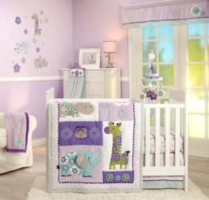 carter's zoo jungle/safari 4 piece nursery crib bedding set, lavender/aqua/white