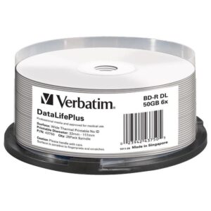 verbatim bd-r - blu-ray-disc 50 gb, white printable surface, 6x burning speed, datalifeplus, 25-pack spindle