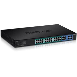 trendnet 28-port gigabit web smart poe+ switch, 24 x gigabit ports, 4 x shared gigabit ports (rj-45 or sfp), 185w poe budget, 56gbps switching capacity, lifetime protection, black, tpe-2840ws