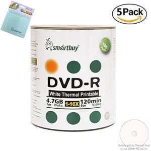 smartbuy 500-disc 4.7gb/120min 16x dvd-r white thermal hub printable blank media disc + free micro fiber cloth