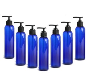 empty lotion dispensing bottles, cobalt blue pet plastic 8 oz w/black lotion pump (bpa free) (6 bottle pack) cosmo for lotions, shampoo, conditions, cleaning products, hand sanitizer- grand parfums