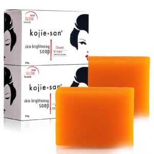 kojie san skin and body brightening soap - original kojic acid, dark spot remover bar soap with glycerin & tea tree oil - 65g x 2 bars