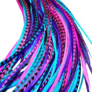 hair feathers extensions kit, long real rooster feathers for hair, diy microlink beads and loop tool, hot pink, purple and turquoise blue