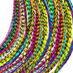 feathers for hair, 20 rainbow rooster feathers hair extensions kit with silicone beads and loop tool all bright colors- pink, blue, red, purple, orange, yellow, green striped grizzly feathers