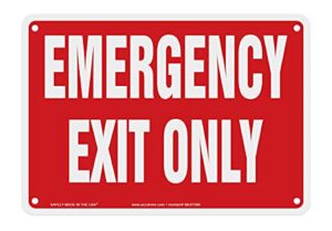 accuform "emergency exit only" plastic safety sign, 7" x 10", white on red, mext586vp