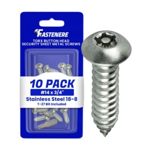 fastenere torx security sheet metal screws - #14 x 3/4" (10-pack) button head, tamper-resistant, anti theft stainless steel screws for higher level of safety & secure fastening solution