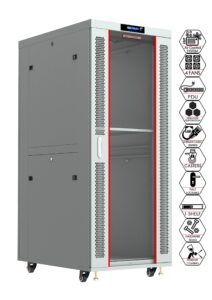 sysracks 42u server rack cabinet – 35" deep free standing it enclosure with air control system, 4 fans, pdu, glass door, lockable side panels, and 1 shelf for 19" mount equipment