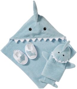 baby aspen let the fin begin 4 pc bath time gift set, baby shark hooded towel, newborn, 0-9 months, blue