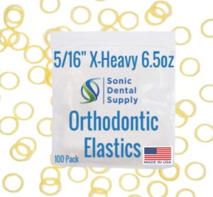 5/16 inch orthodontic elastic rubber bands - 100 pack - natural latex , x- heavy 6.5 ounce small rubberbands, braces, dreadlocks hair braids, teeth gap, grooming, crafts - sonic dental - made in usa